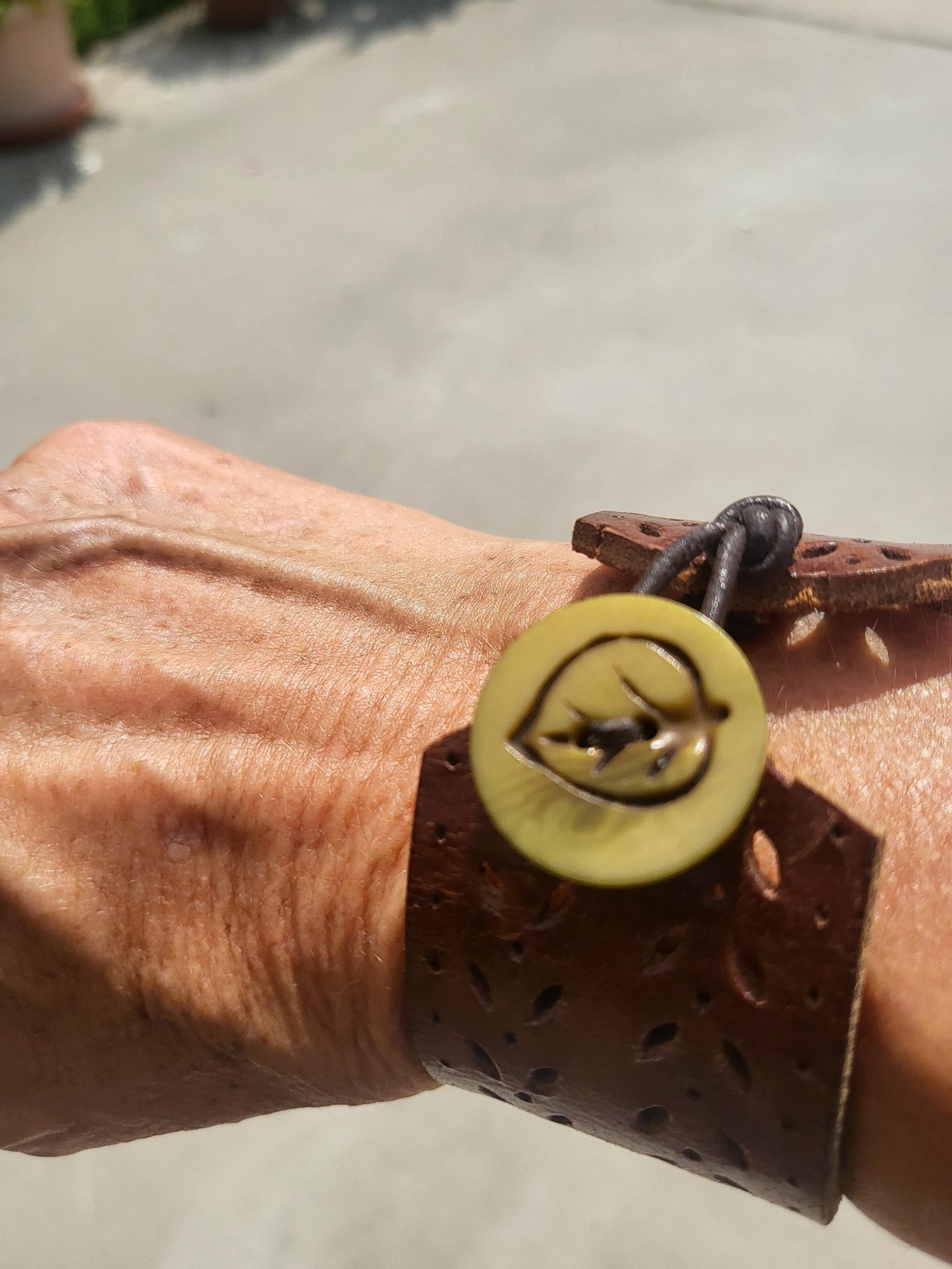 7 Recycled Leather Belt Cuff Bracelets With Unique Button Closures leaf ...