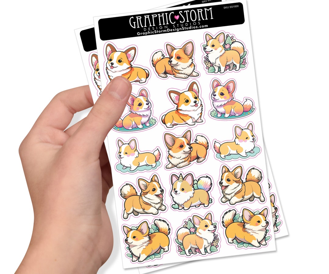 Cute Corgi Sticker Sheets, Set of 2. Adorable Animal Cartoon Dogs, Fun ...