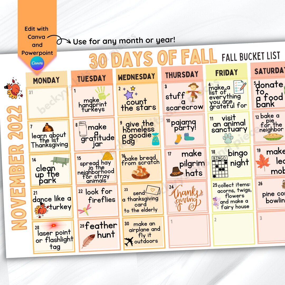 Fall Bucket List Fall Activity Calendar Kids Bucket List Fall Checklist ...