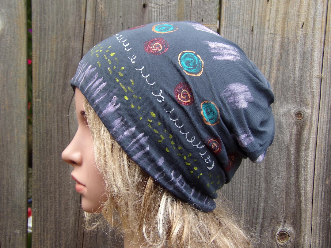 Hand Painted Slouch Beanie, Hair Loss Headwear, Soft Hat, Cotton Beanie ...