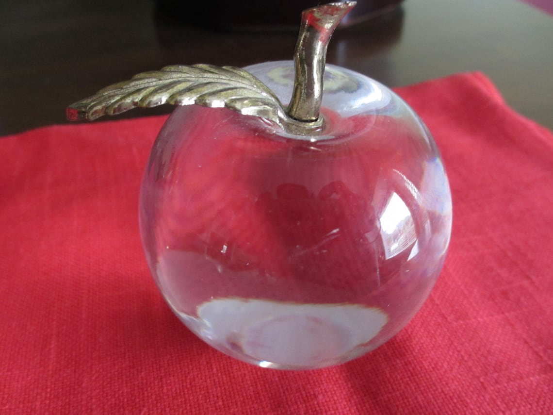 Crystal Apple With Brass Stem and Leaf, Paperweight, Glass Apple, Brass ...