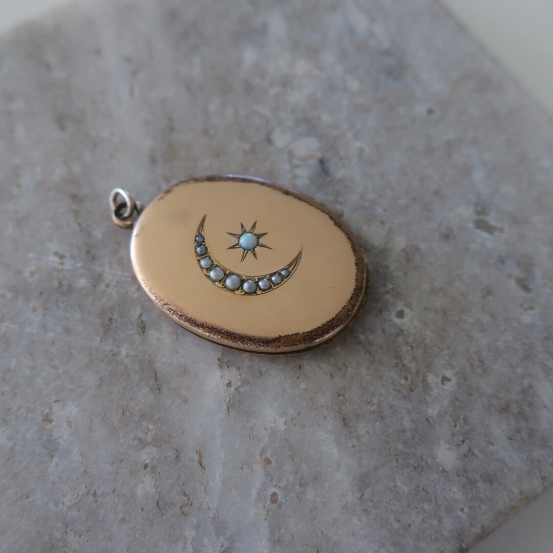 Antique Edwardian Locket With Seed Pearls and Opal. Moon and Star ...