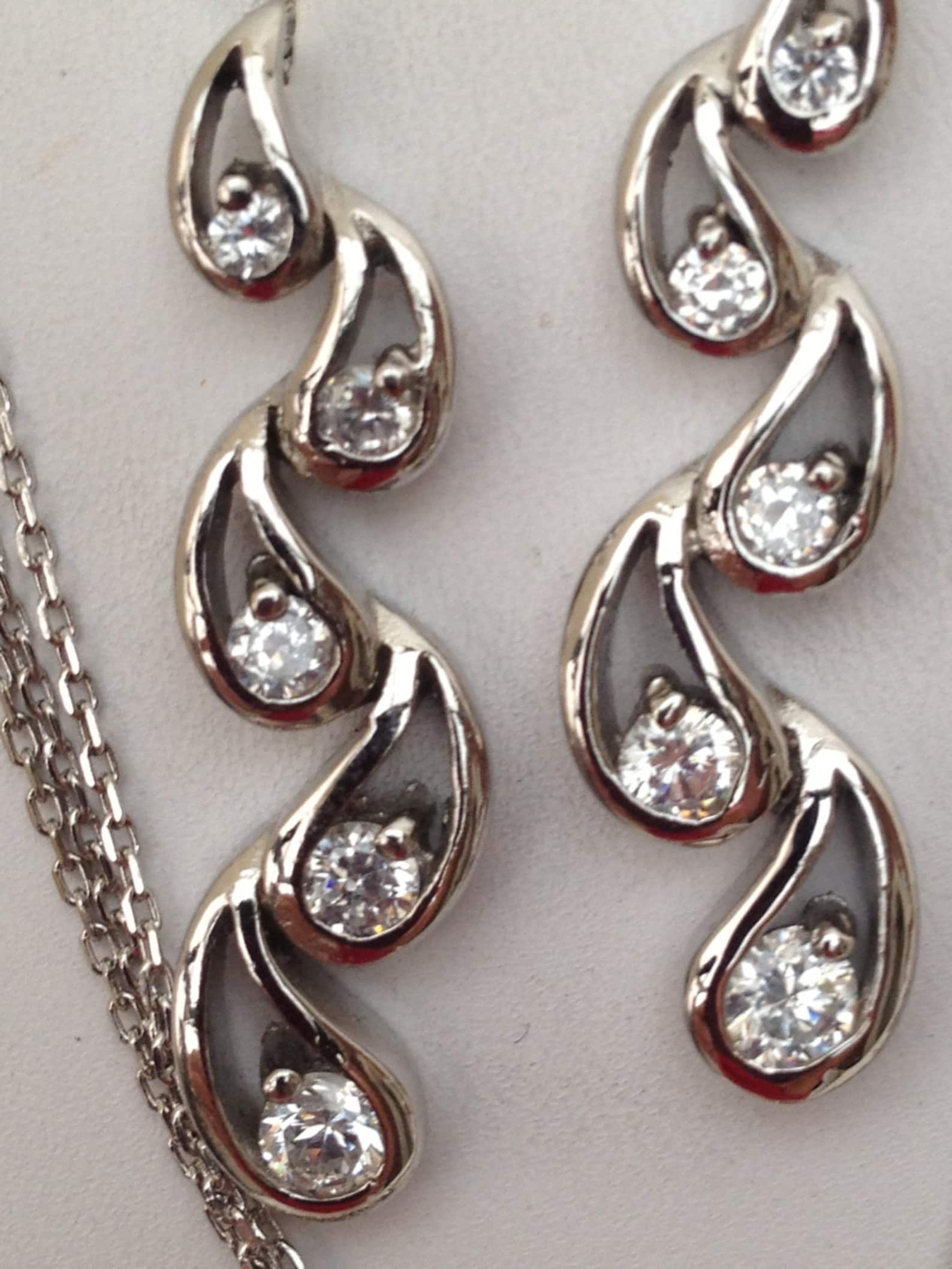 Sterling Silver Drop Shape Pendant 18" Chain Necklace & Earrings Set - Etsy