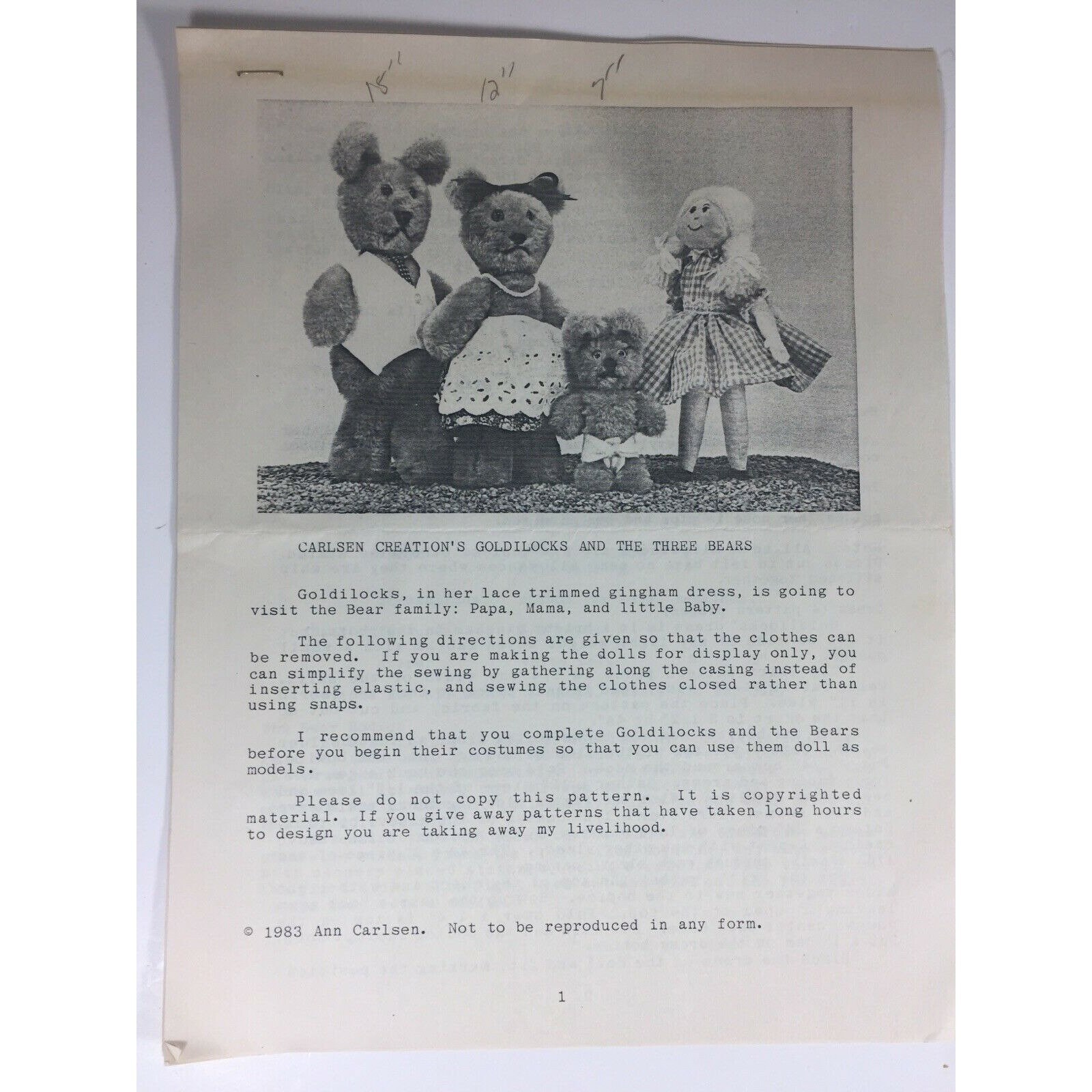Vintage 1983 Goldilocks and the Three Bears Patterns Ann Carlsen ...