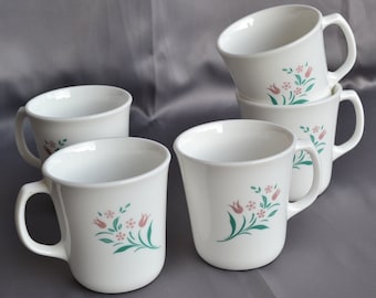 Corelle Rosemarie Pattern Coffee Cups Pink Flowers Mint Colored Leaves ...
