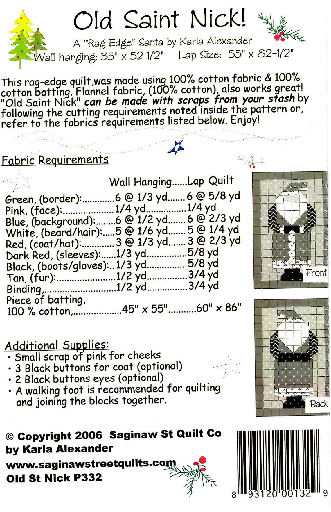 Santa Mini Quilt Uncut Pattern 35x52.5" Wall Hanging 55x82.5" Lap Throw ...