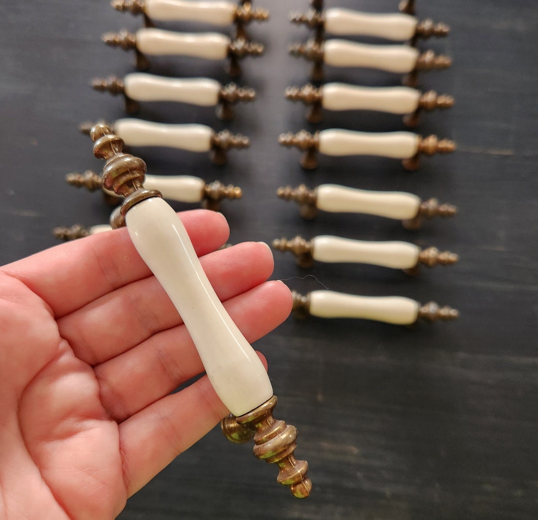 NOS 1 X Vtg Brass & Porcelain Drawer Pull 3" Center Full Tang Long ...