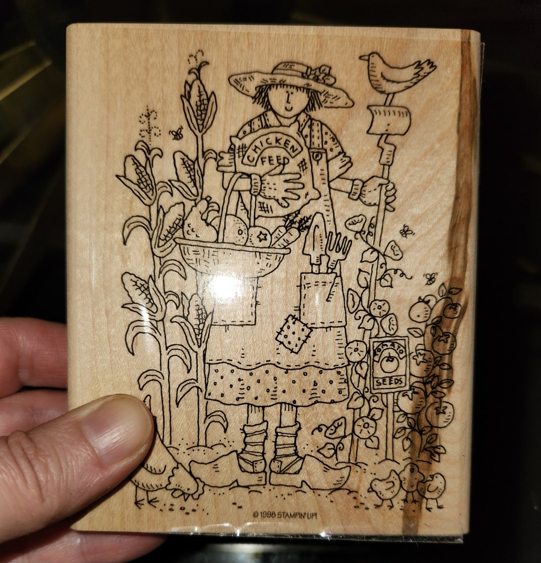 1998 Vtg Stampin Up 4.5 Chicken Lady Gardener Woman Feeding Chickens ...