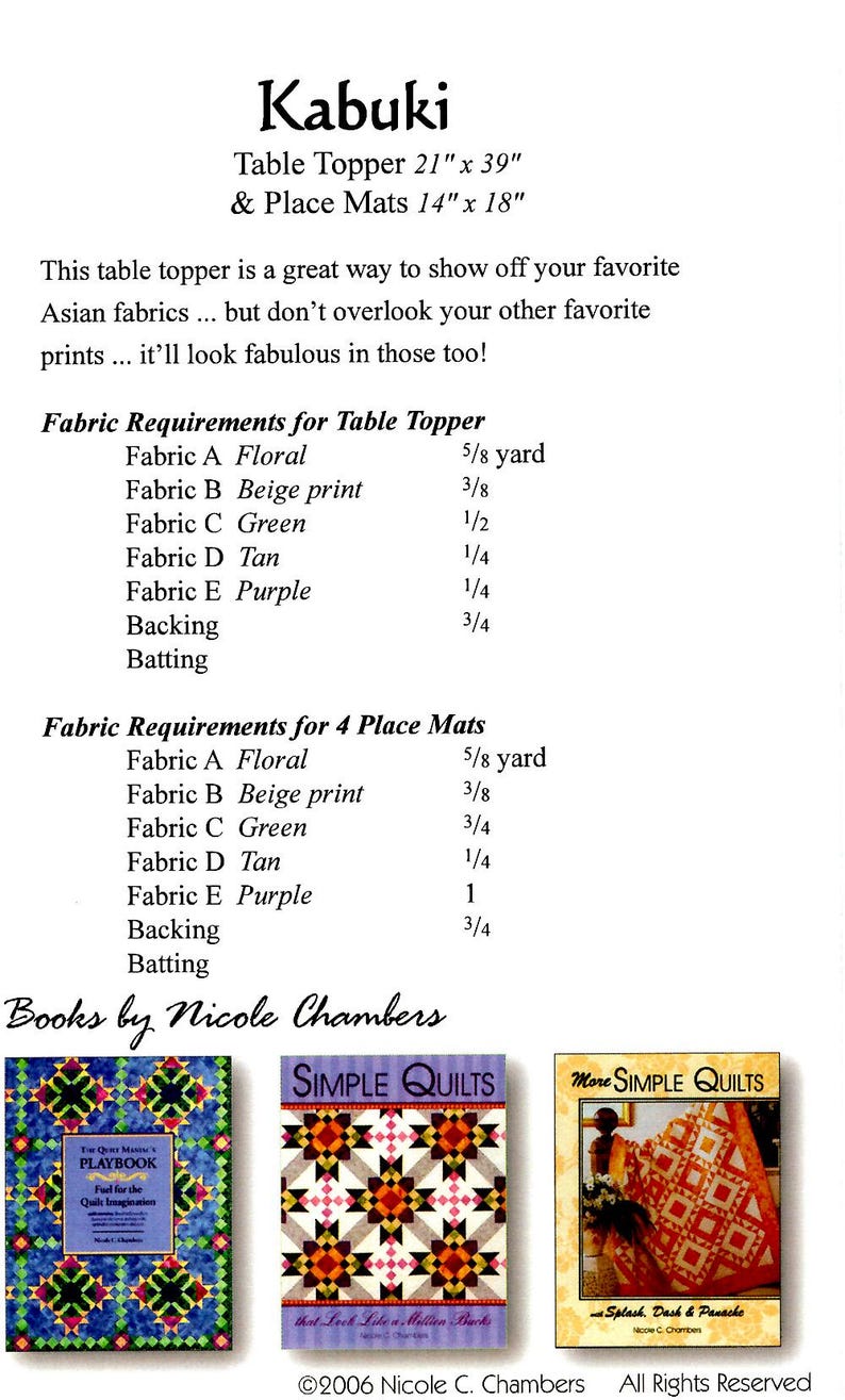 Quilted Table Runner & Placemats Uncut PATTERN 21x39" Topper 14x18 ...