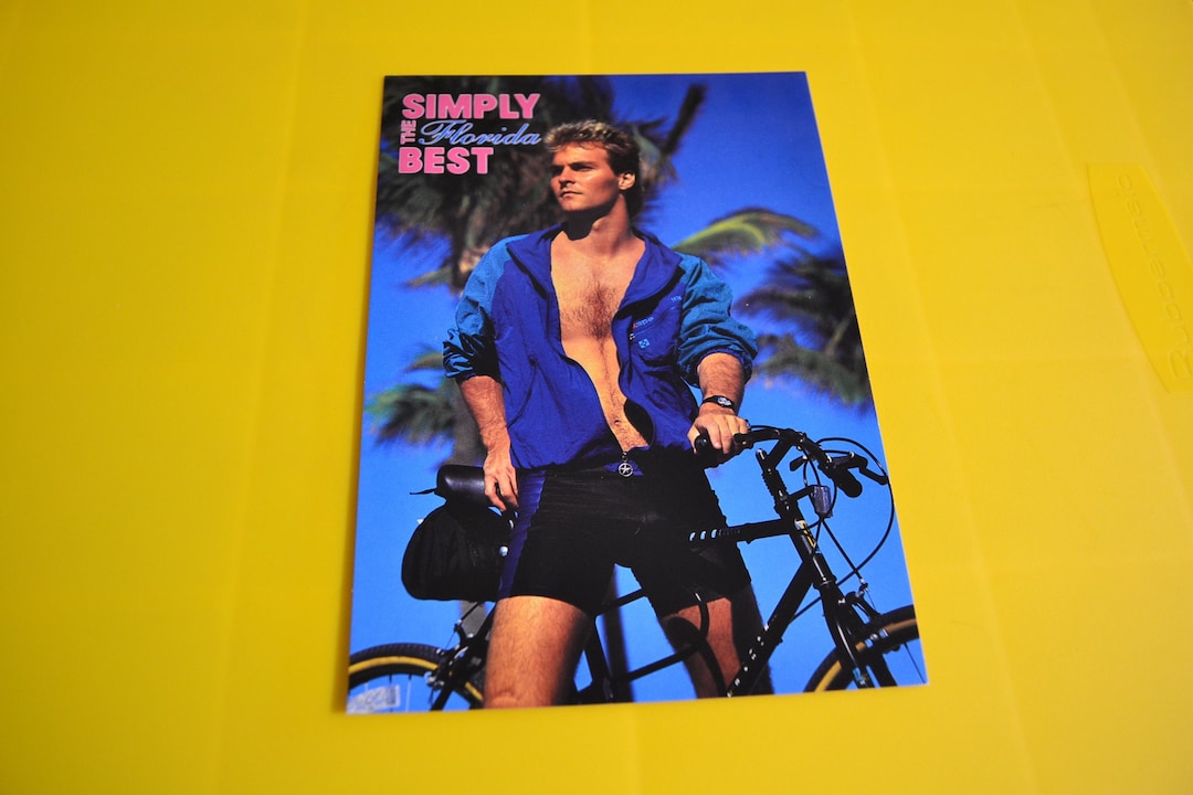 80s Beefcake Postcard 5x7" Male Athlete Bicycle Biking at Beach Palm ...
