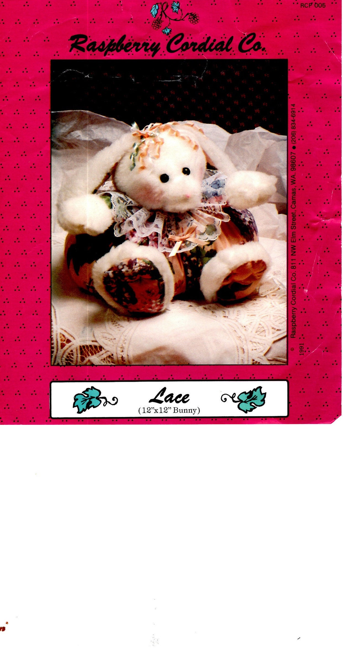 12" Lace Bunny Doll Uncut PATTERN Raspberry Cordial Co. Lace Plush ...
