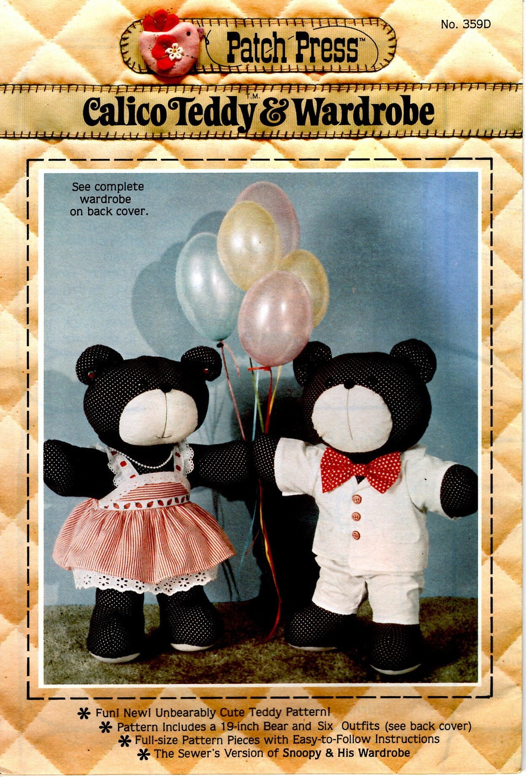 19" Stuffed Bears Uncut PATTERN Calico Teddy & Wardrobe Patch Press 6 ...