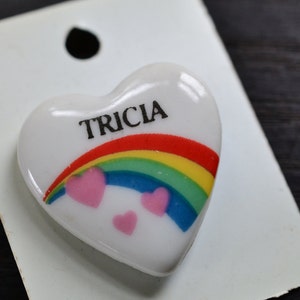 NOS TRICIA Pin 1980s Porcelain Name Pin Ceramic Brooch 80s Heart Name ...