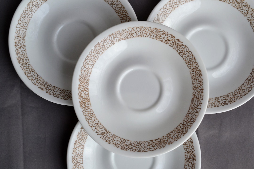 90s Set of 5 Corelle Woodland Brown Outlined Flowers on White Saucers ...