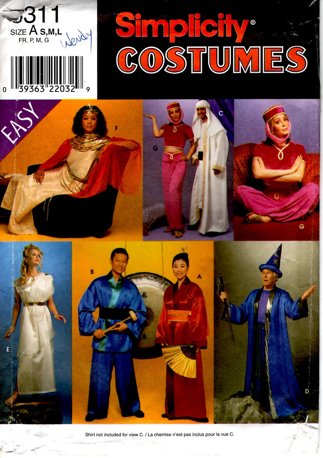 1998 Simplicity 8311 Uncut PATTERN Size A S/M/L Adult Costume Sewing ...
