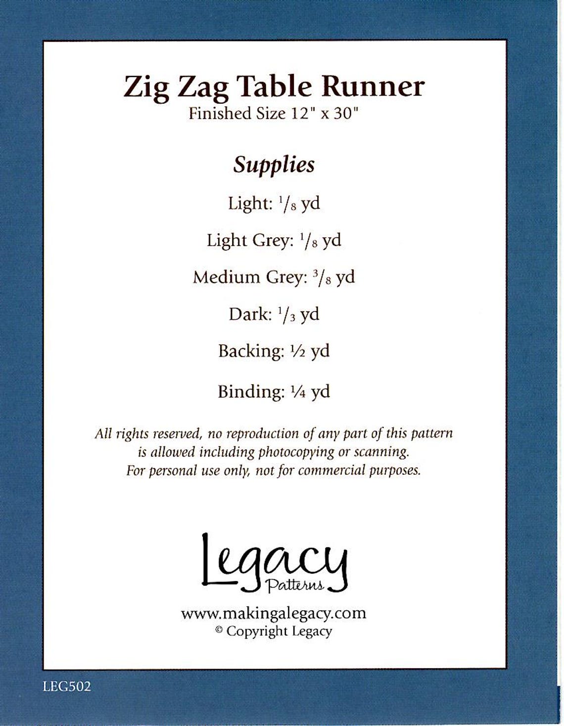 Quilted Table Runner Uncut PATTERN 12x30" Legacy Patterns Zig Zag ...