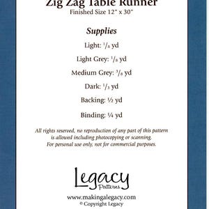 Quilted Table Runner Uncut PATTERN 12x30" Legacy Patterns Zig Zag ...