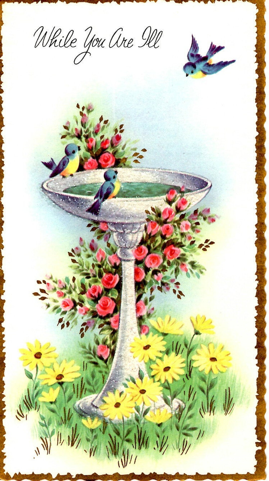 Vtg Glitter Get Well Soon Card Bluebirds Bird Bath Roses Flowers Raised ...