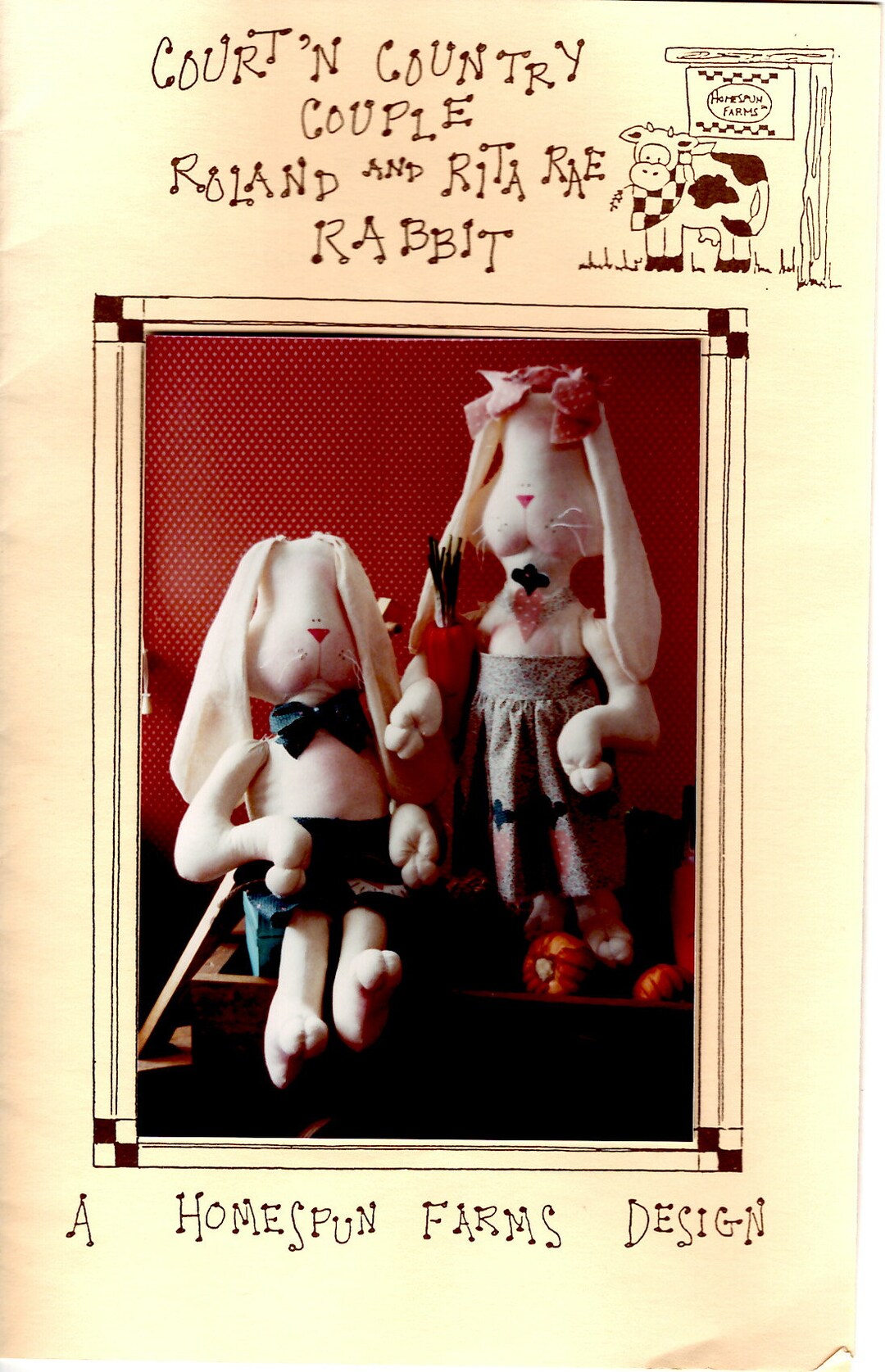 Vtg Folk Art Dolls Uncut PATTERN Stuffed Bunny Rabbits Doll Pattern ...