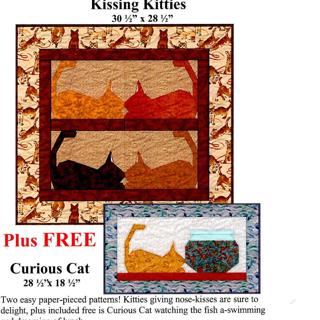 Cats Mini Quilt Uncut Pattern 30.5x28.5" Wall Hanging Kissing Kitties ...