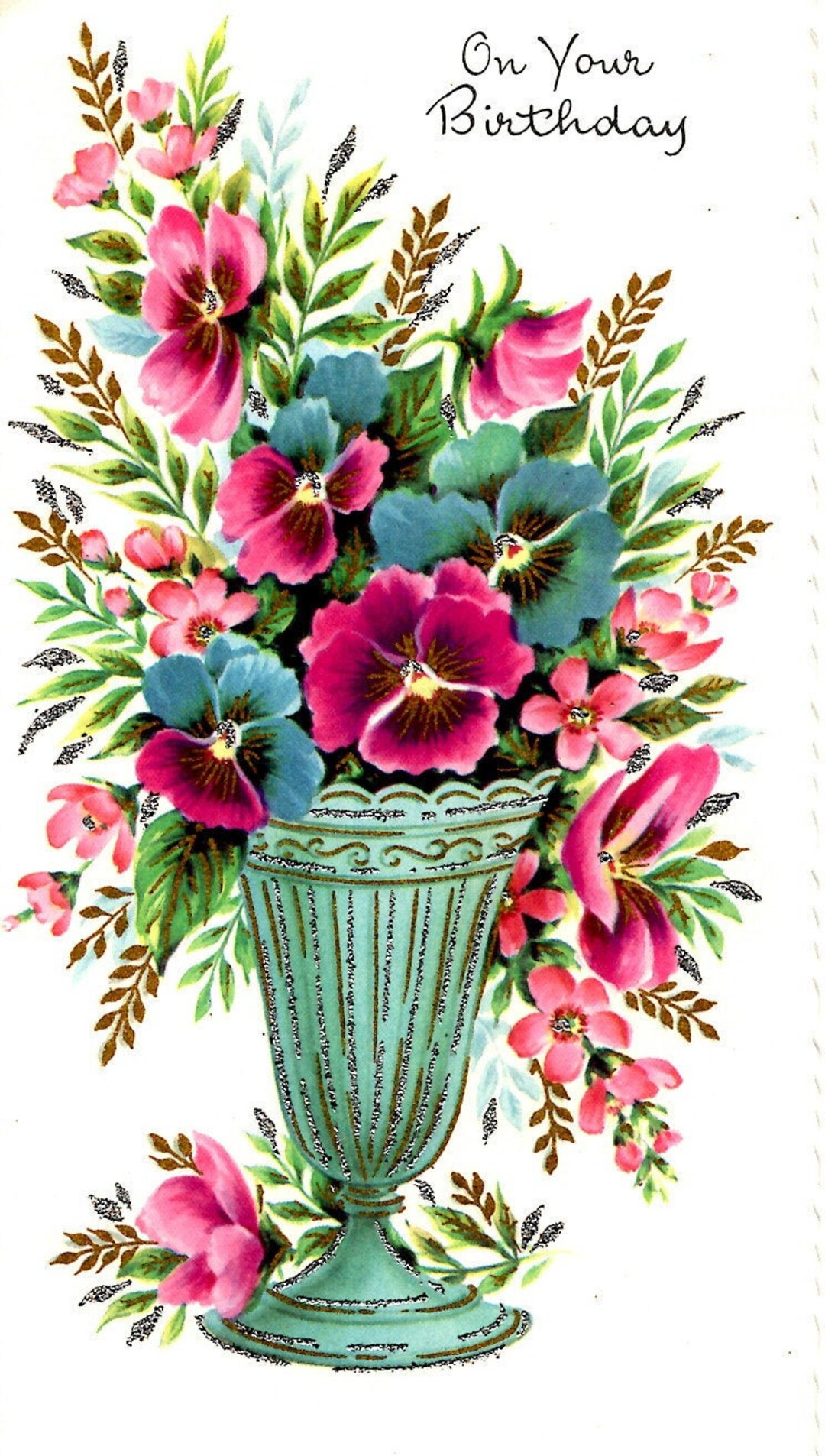 Vtg Gilt Birthday Card Pink & Blue Flowers in Vase Litho Raised Gold ...