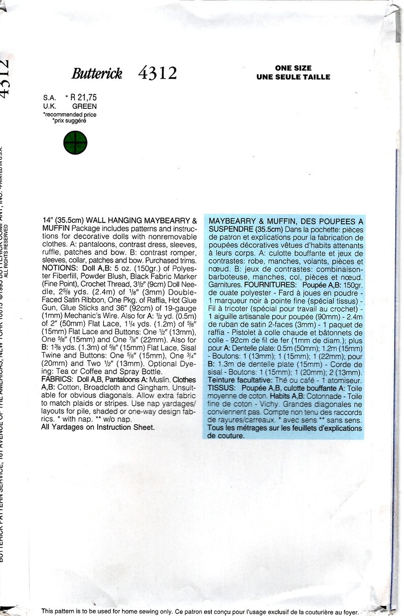 Butterick 4312 Uncut PATTERN Raffia Wall Hanging Needle in a - Etsy