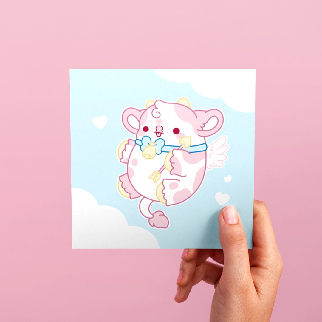 Valentine Cow Card - Cute Kawaii Cupid Pink Cow | Cow Valentine's Day ...