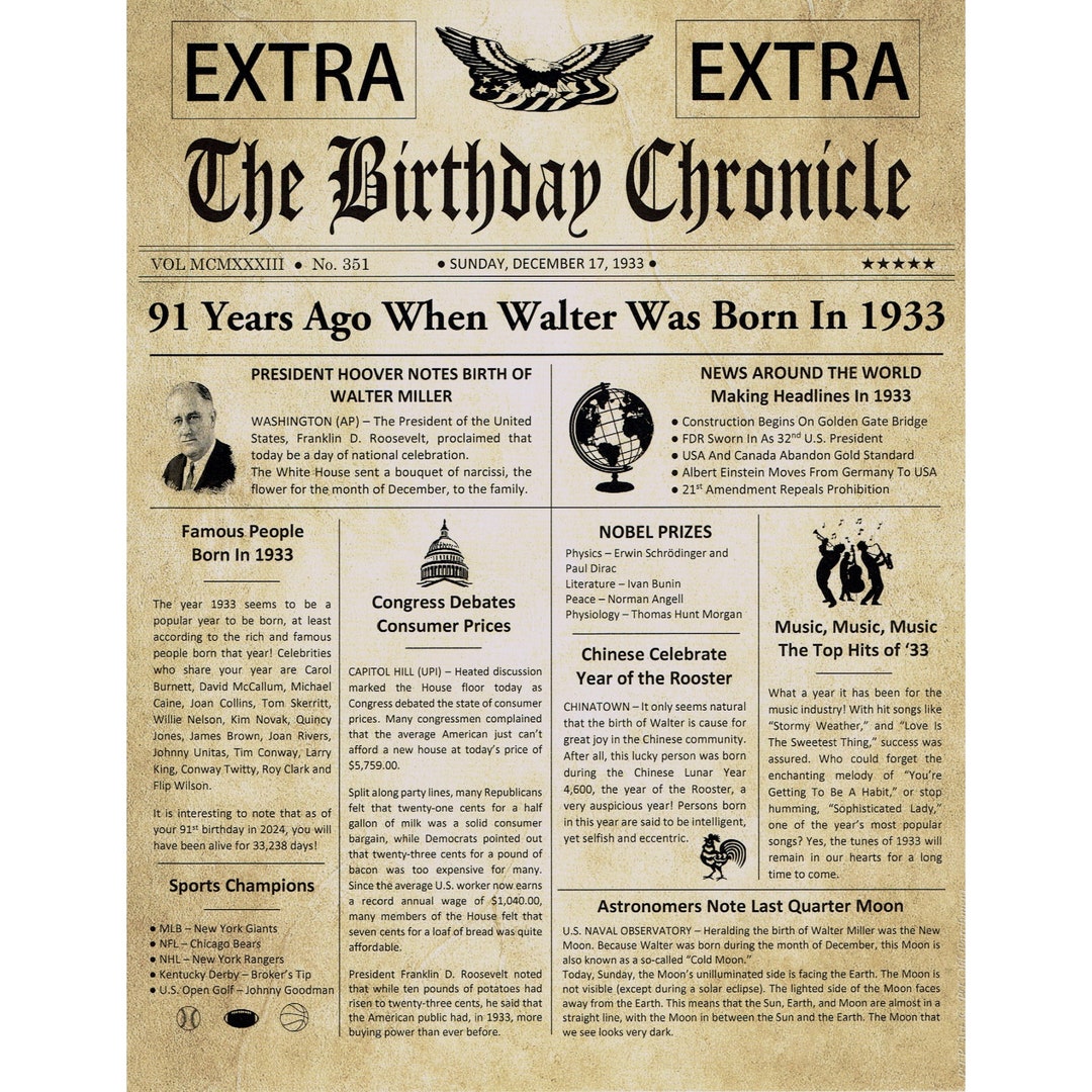 91st Birthday Gifts, Personalized, Headline News Print, Time Capsule ...