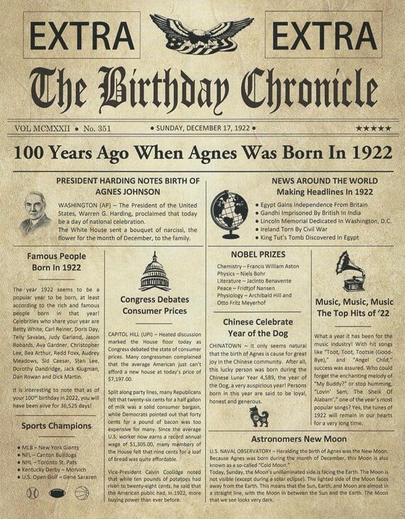 100th Birthday Gifts Personalized Headline News Print Time - Etsy