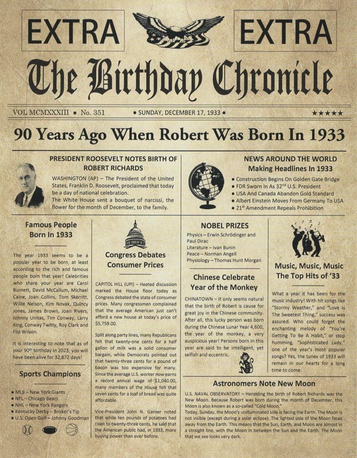 90th Birthday Gifts Personalized Headline News Print Time - Etsy