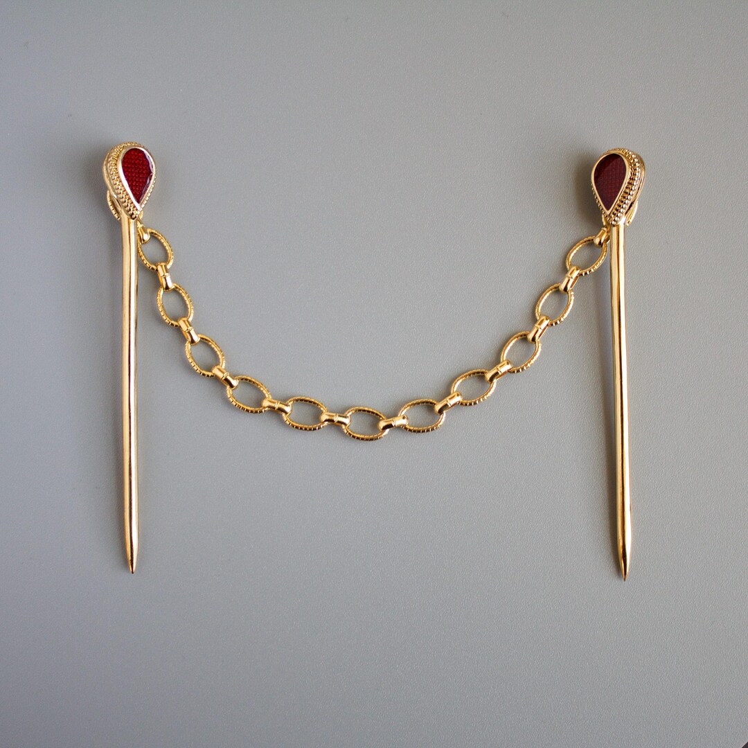 Anglo-saxon Dress Pins: Gold Plated Brass With Red Enamel - Etsy