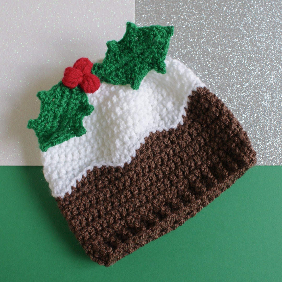 Christmas Pudding Beanie Hat Crochet Pattern With Holly Sprig and ...