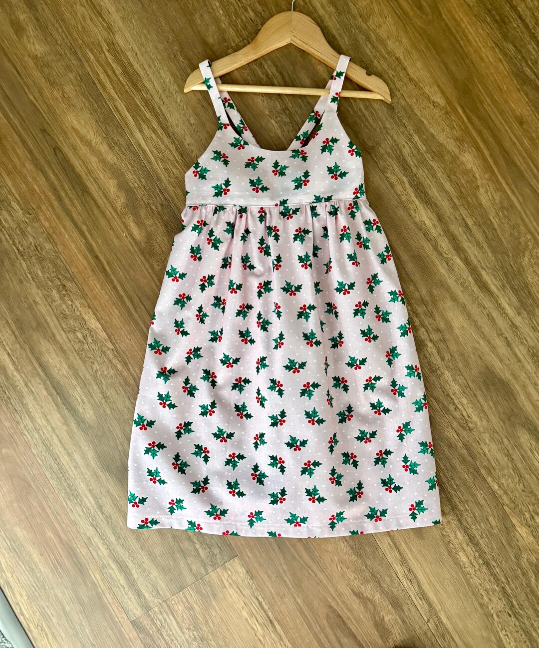 Girls Christmas Holly Dress: Handmade Pink Festive Outfit, Size 5 - Etsy