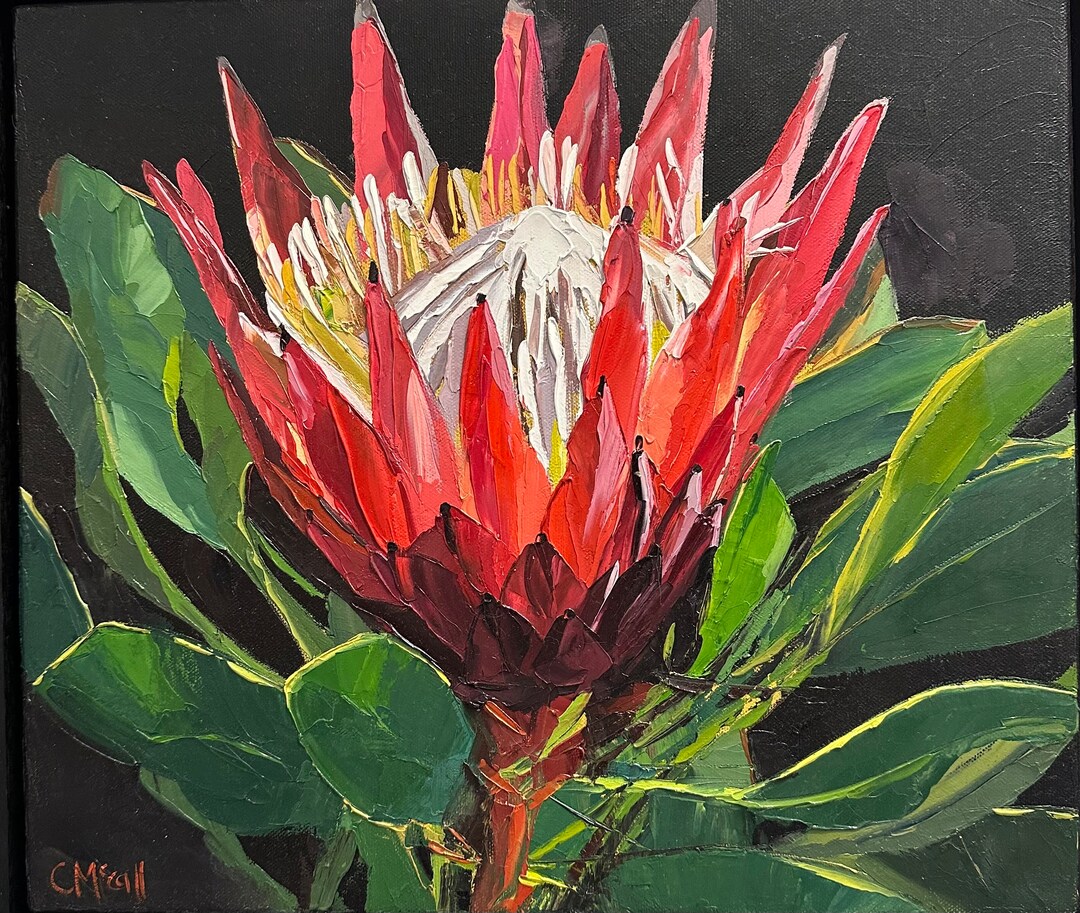 Red Protea Oil Painting: Textured Palette Knife Canvas Art - Etsy