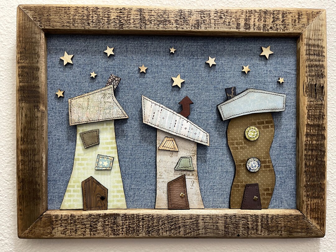 Whimsical Houses Frame, House Wall Decor, Cottage Mixed Media House in ...