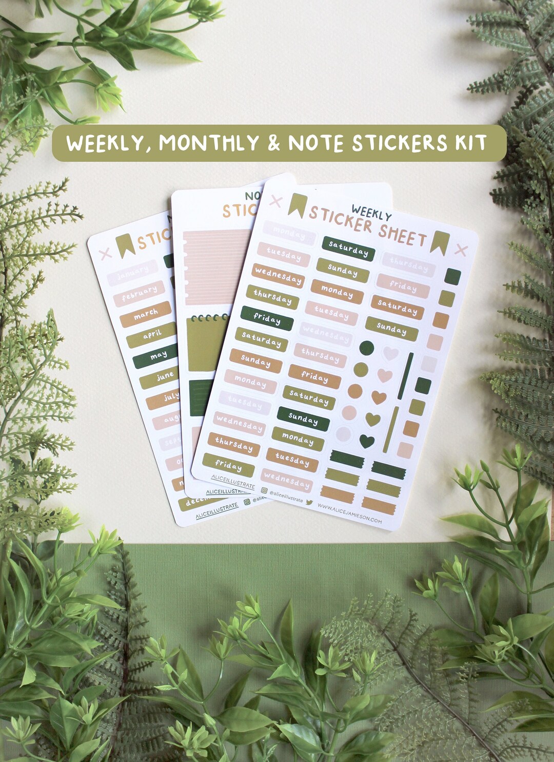 Planner Sticker Sheet Kit - Weekly Monthly & Notes Green and Beige ...