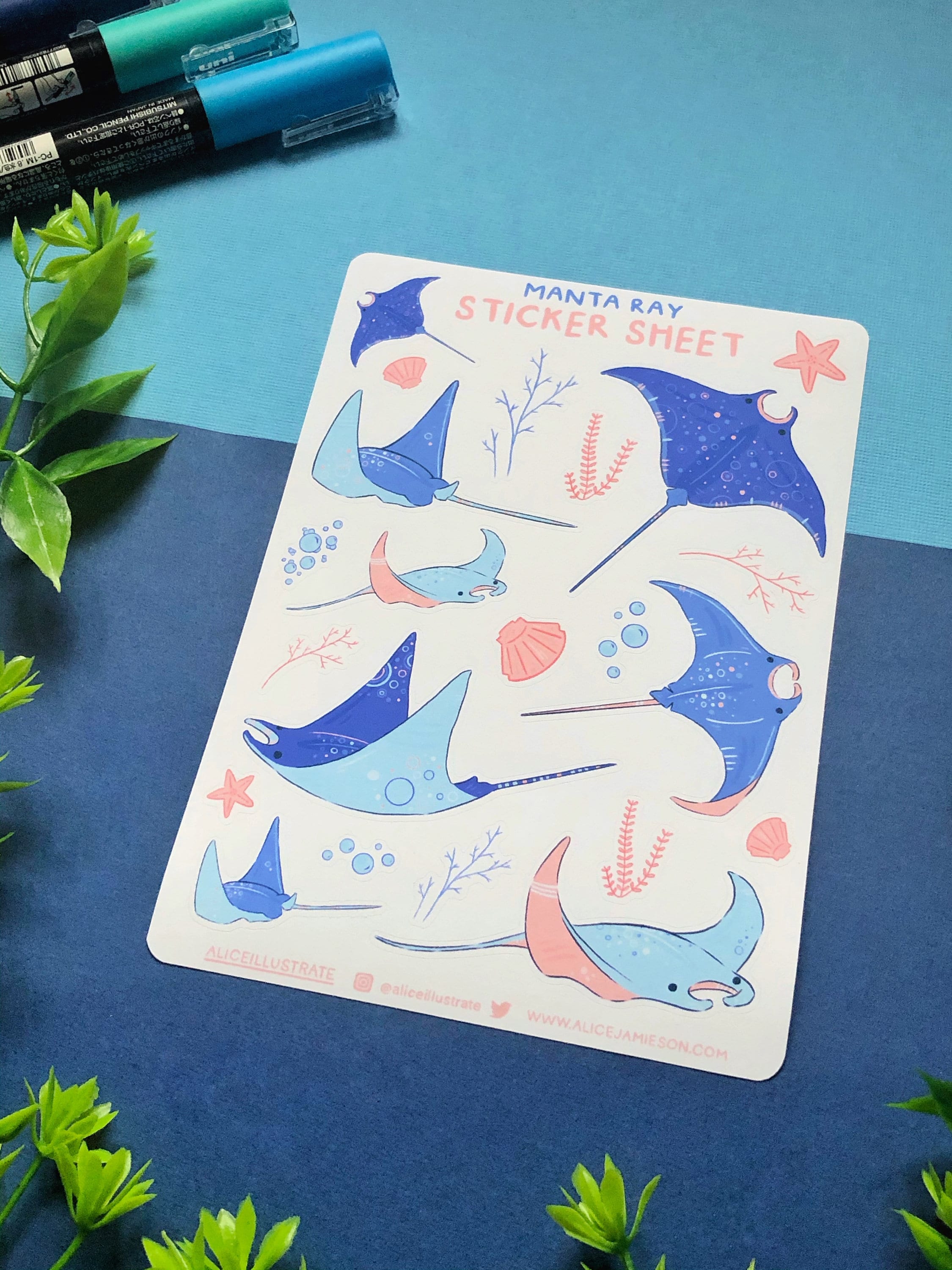 Manta Ray Sticker Sheet - Kawaii Animal Ocean Sea Stickers Illustration ...
