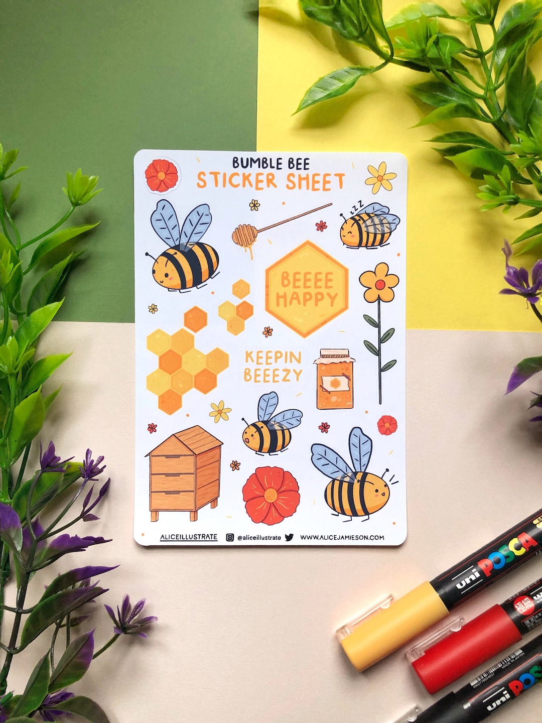 Bumble Bee Sticker Sheet - Kawaii Animal Stickers Illustration - Bujo ...