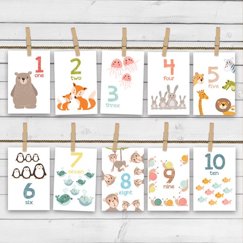 Woodland Watercolor Number Flash Cards 1-20 Flora and | Etsy