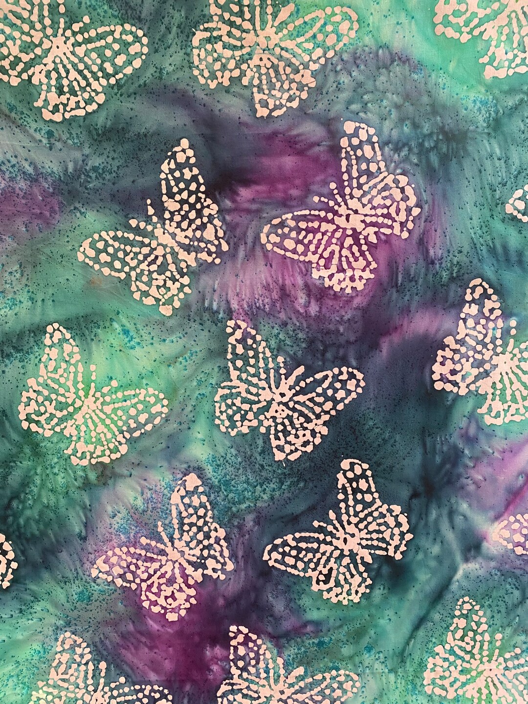 John Louden Batik Cotton Dress Fabric. Pink Butterfly on Green Mauve ...