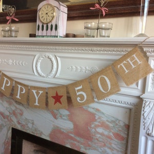 Banner HAPPY 50TH With RED STAR Decoration Handmade Burlap - Etsy