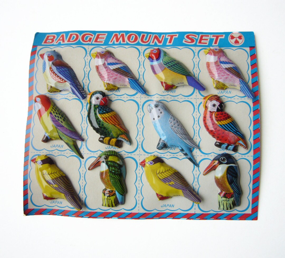 JAPANESE VINTAGE Set of 12 Pretty Colorful Bird Embossed Tin Badge ...