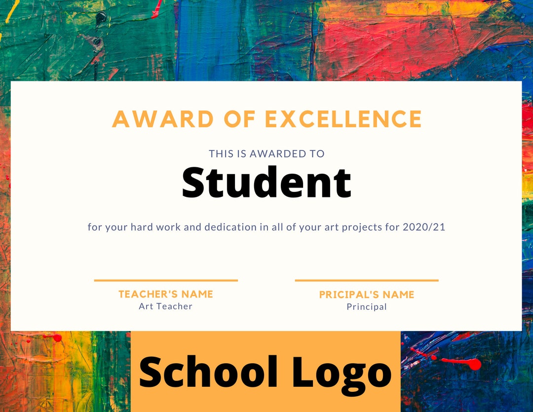 Award of Excellence Certificate Customized for Your Students. DIGITAL ...