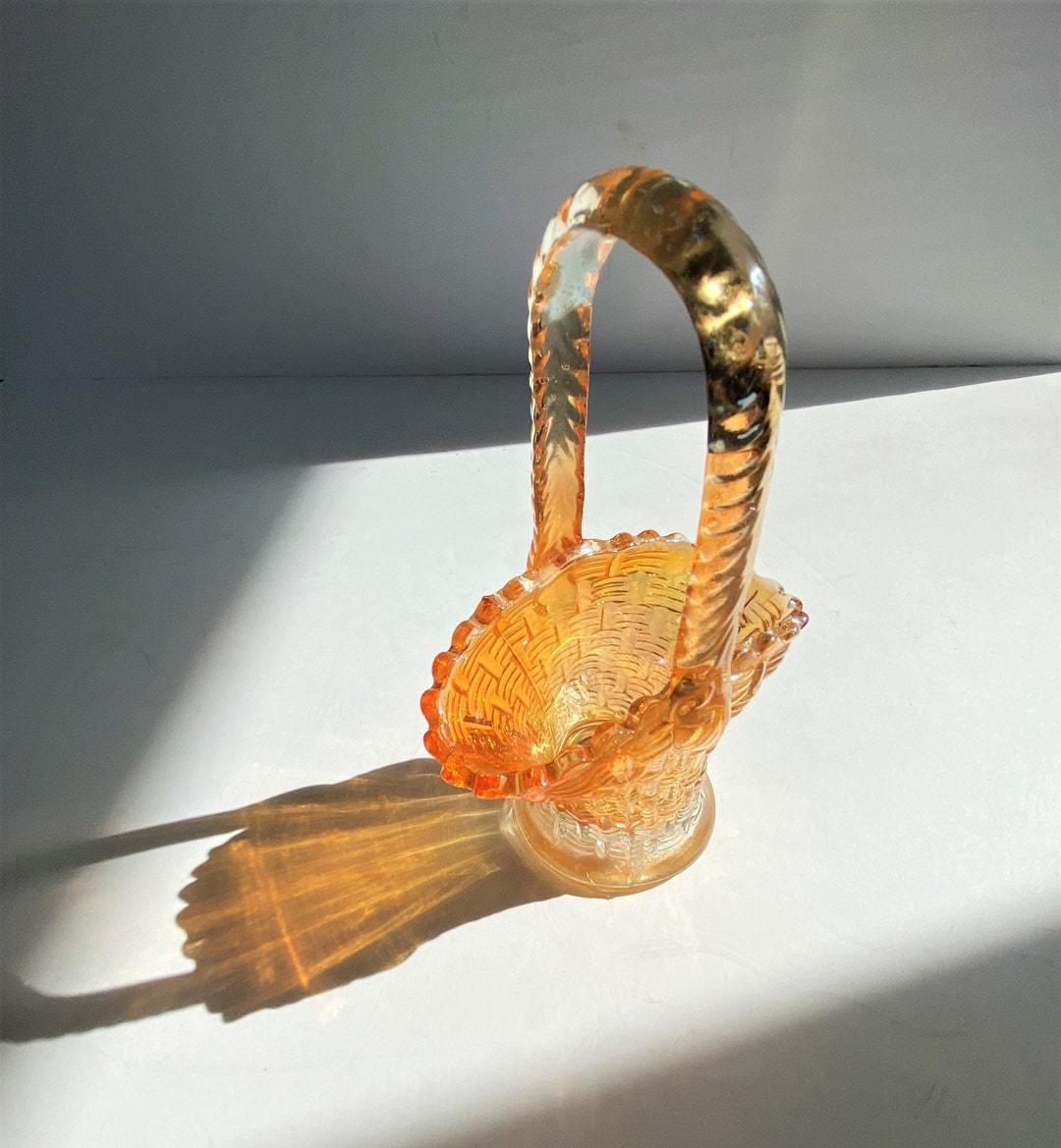 Vintage Dugan Carnival Glass Basket With a Handle Basket Weave Pattern ...