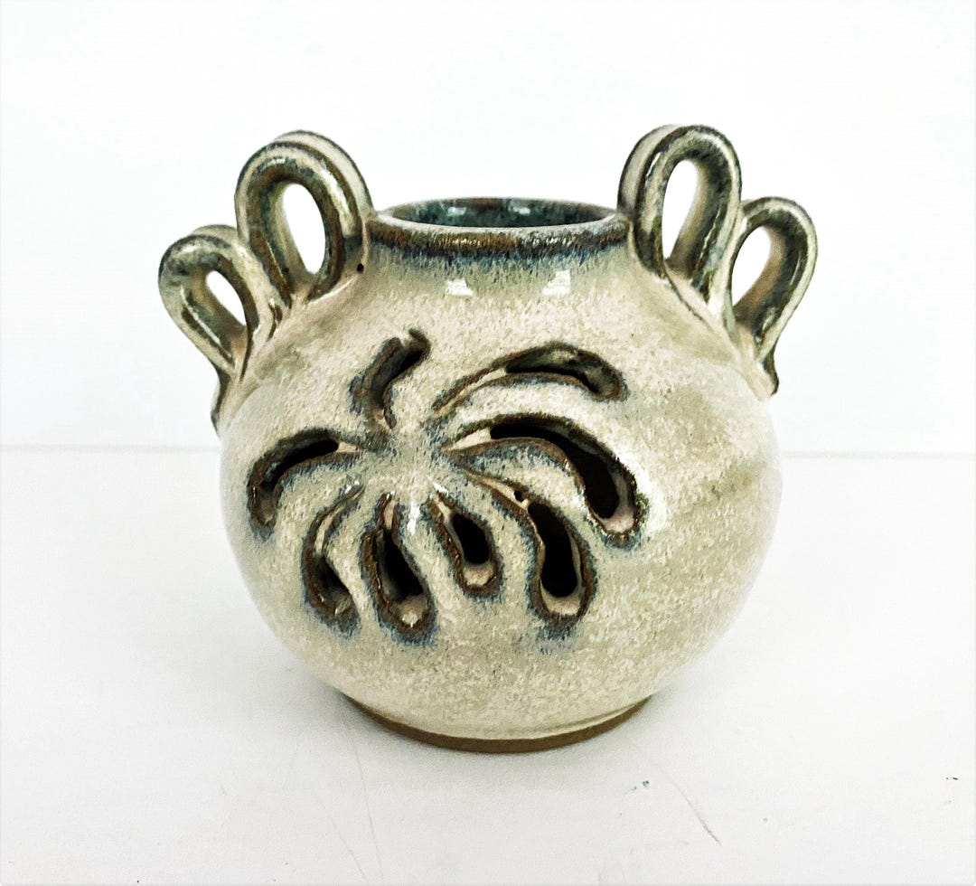 Vintage Stoneware Vase, Small Rounded Vase With Reticulated Flower ...