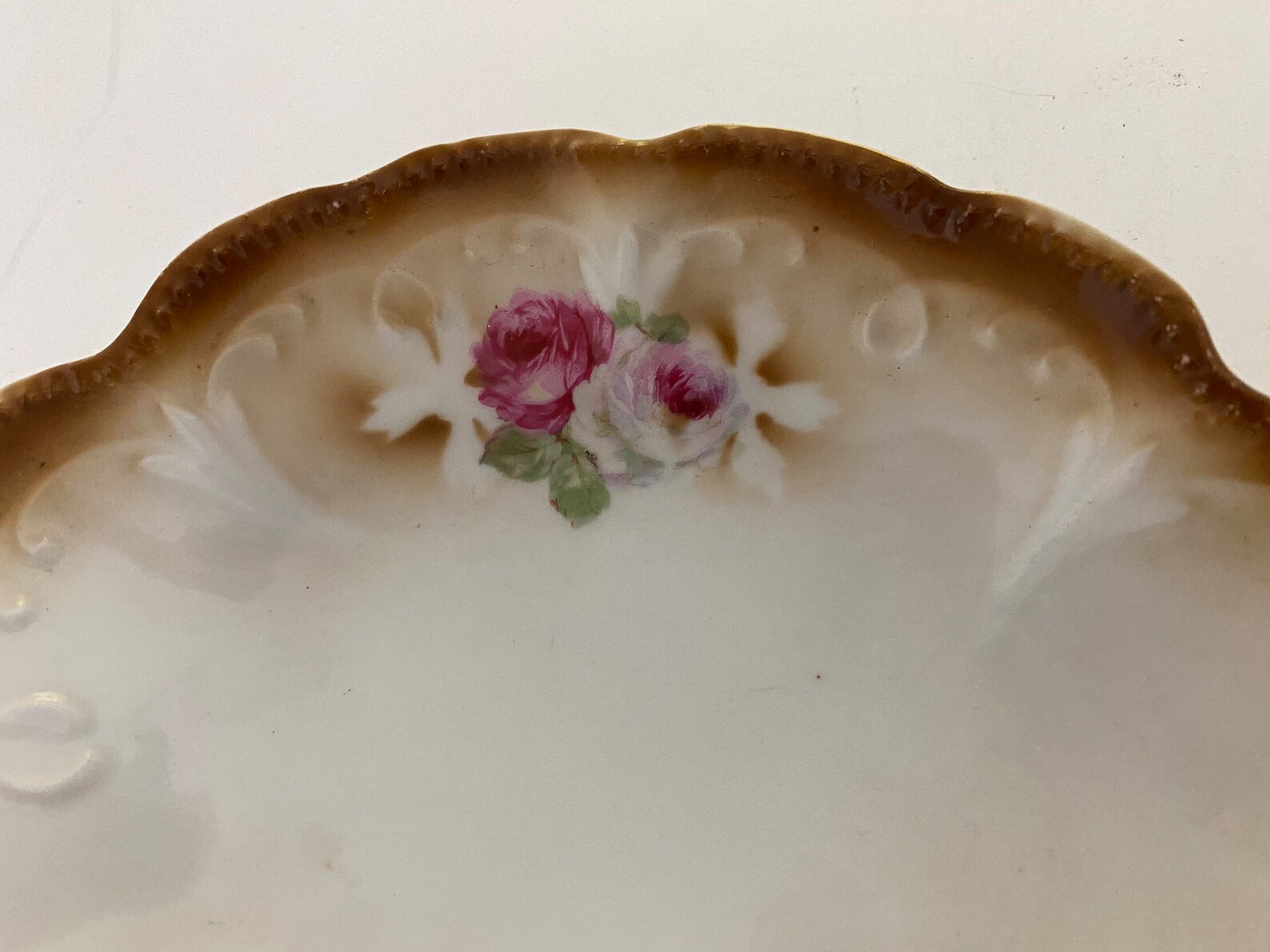 Antique Porcelain Dish German Leaf Shape Shallow Bowl Cream With Brown ...