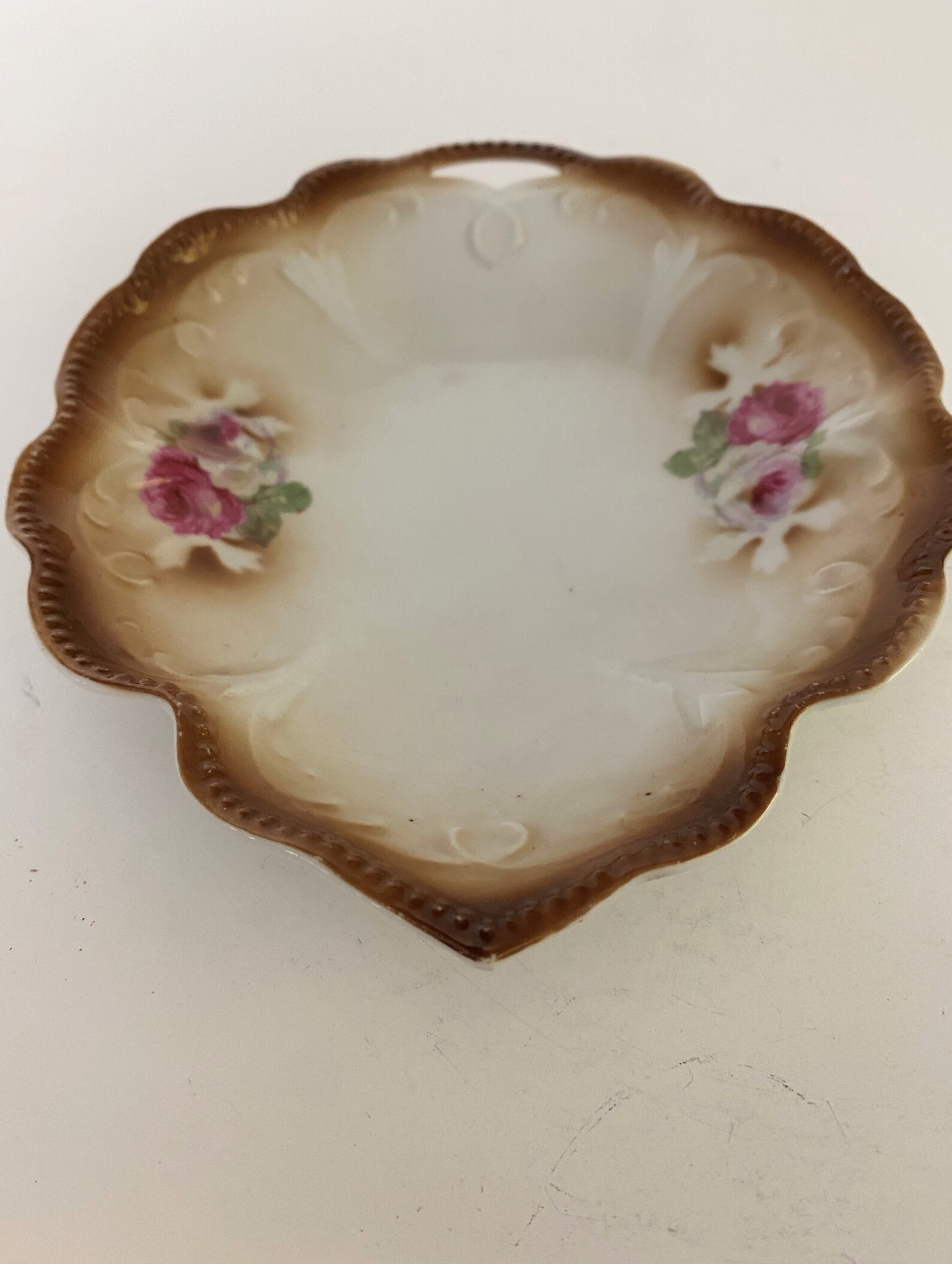Antique Porcelain Dish German Leaf Shape Shallow Bowl Cream With Brown ...