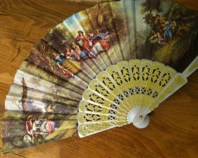 Vintage Hand Fan With Classic Romantic 19th Century Scene Signed by R ...