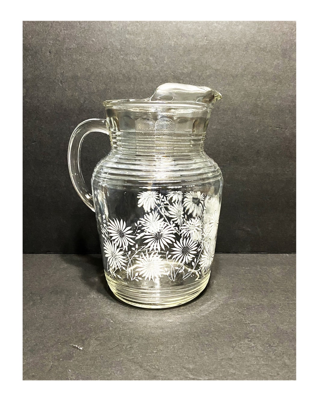 Vintage Hazel Atlas Glass Pitcher Clear With White Daisys Large Heavy ...