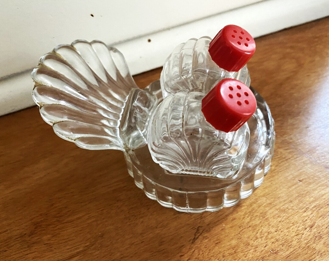 Vintage Glass Salt and Pepper on Turkey Tail Stand Retro Red Tops 1950s ...
